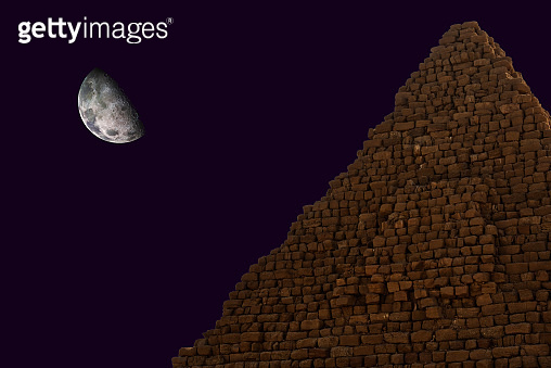 Collage of moon and the side of a pyramid in Sudan, Africa. Elements of ...
