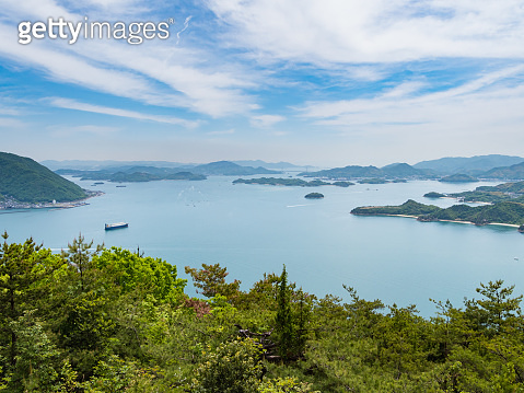 View of Seto inland Sea from Fudekage Mountain in Mihara City ...