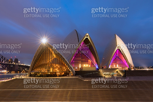 Close up view of the iconic Sydney Opera House at night during Vivid ...
