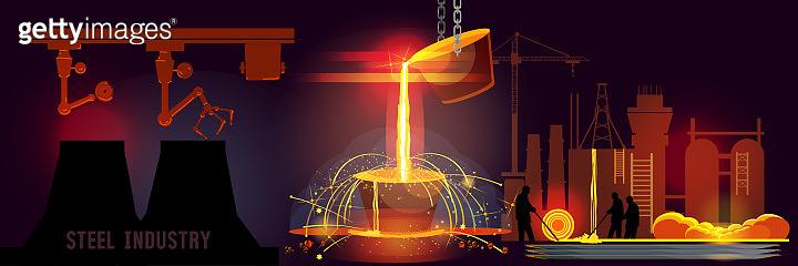 Steel industry banner. Smelting of metal in big foundry. Iron and ...