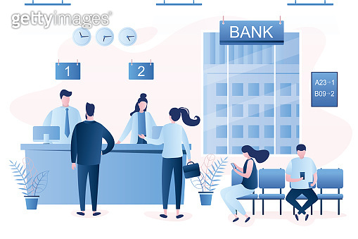 Modern bank office interior.Business people waiting line queue. Bank ...