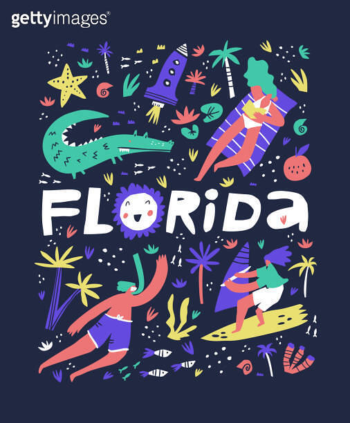 Florida coast summer rest flat vector illustration. State name freehand ...