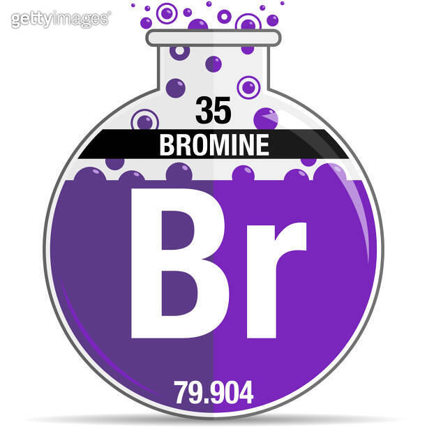 Bromine symbol on chemical round flask. Element number 35 of the ...