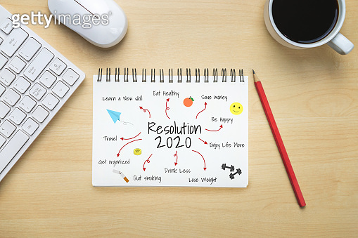 New Year Resolution Goal List 2020 - Business office desk with notebook ...