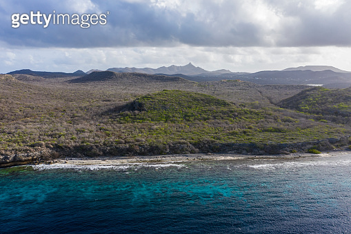 Aerial view over St. Martha bay on the western side of Curaçao ...