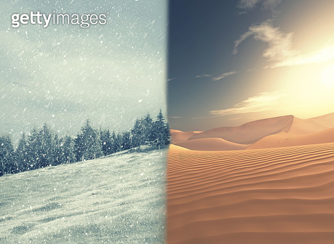 Landscape half summer-half winter. the concept of changing seasons ...