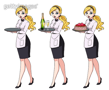 Set of blonde waitresses holding champagne and cake, wearing black ...
