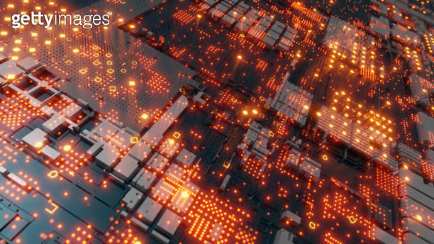 Abstract futuristic design. Tech wall with red bright elements 이미지 ...