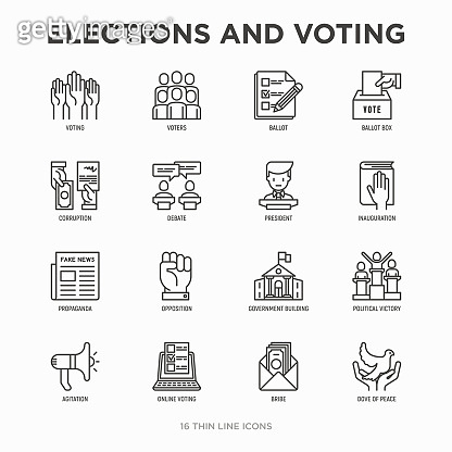 Election and voting thin line icons set: voters, ballot box ...