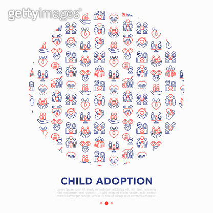 Child adoption concept in circle with thin line icons: adoptive parents ...
