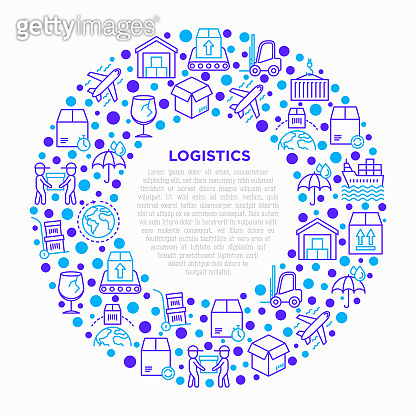 Logistics concept in circle with thin line icons: forklift loader ...
