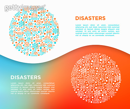 Disasters concept in circle with thin line icons: earthquake, tsunami ...