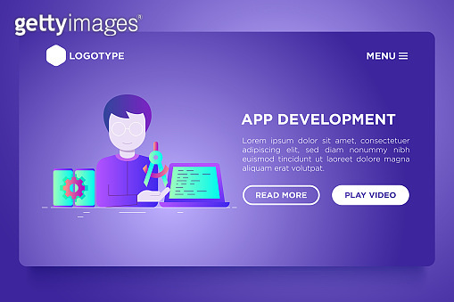App development web page template: developer coding on laptop. Flat gradient icons. Modern ...