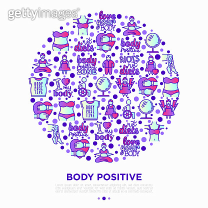 Body positive concept in circle with thin line icons: woman plus size ...
