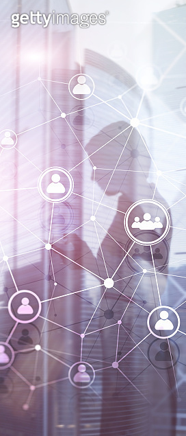 Vertical Panorama Banner. Double exposure people network structure HR ...