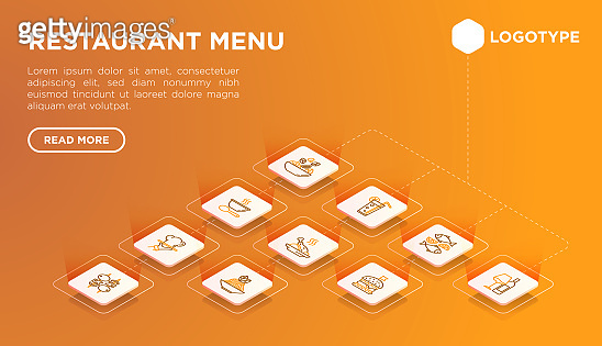 Restaurant menu web page template with thin line isometric icons ...