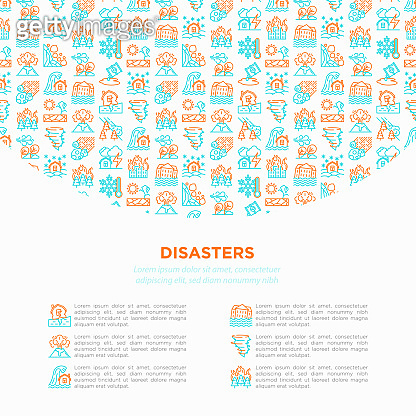 Disasters concept with thin line icons: earthquake, tsunami, tornado ...