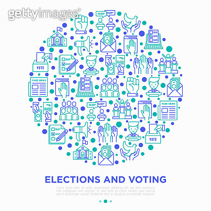 Election and voting concept in circle with thin line icons: voters ...