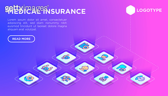 Medical insurance web page template with thin line isometric icons ...