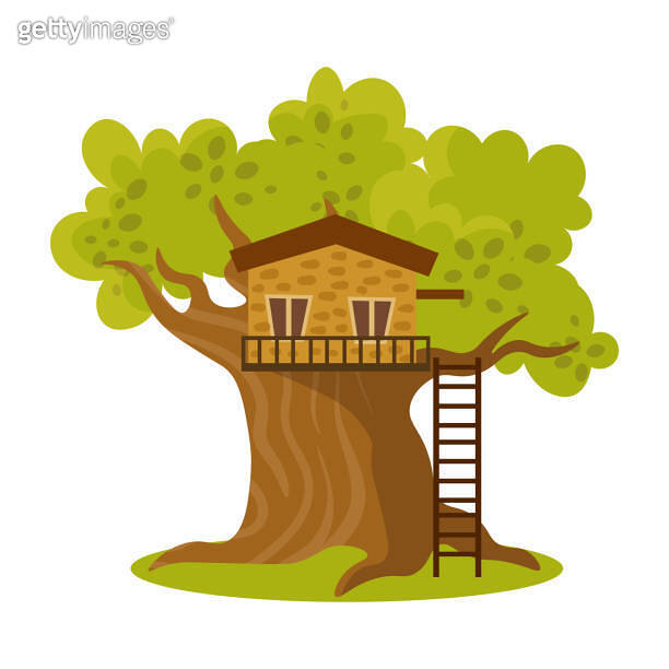Cute small treehouse with two windows and stairs. Vector illustration in flat cartoon style ...