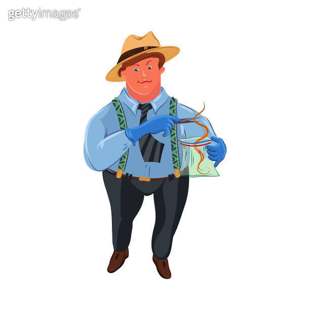 A classic fat detective in a brown hat collects evidence into a bag ...