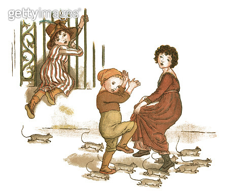 Young girl and two children trying to escape from rats 이미지 (1127125047 ...