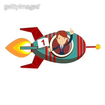 Happy woman holding number one flag in rocket ship 이미지 (1097682952 ...