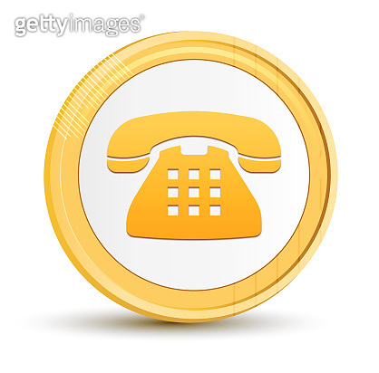 Telephone icon gold round button golden coin shiny frame luxury concept ...