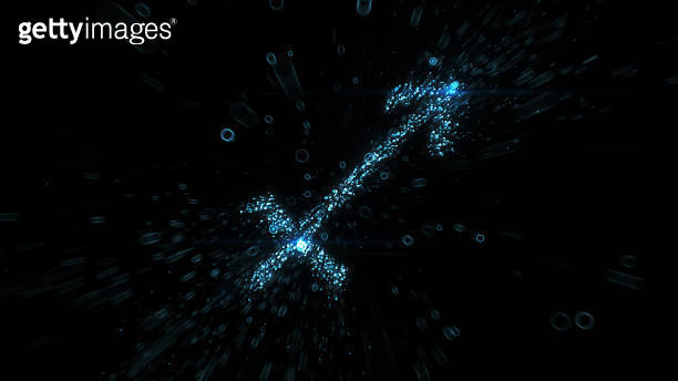 Sagittarius zodiac glowing symbol built from flying blue particles in ...