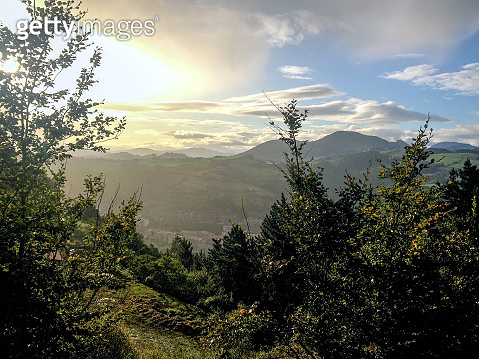 Sunrise over the beautiful forests in the countryside of the Pais Basco ...