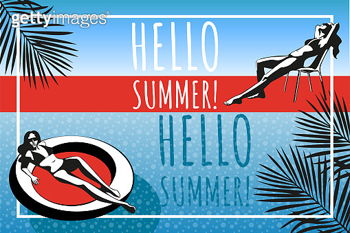 Beautiful woman tanning, with sunglasses, hat, at the beach, retro ...