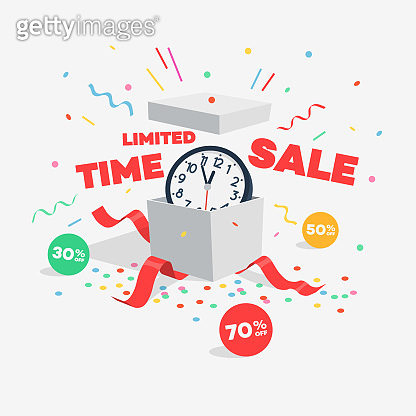 Limited time sale discount symbol with open gift, wall clock, discount ...
