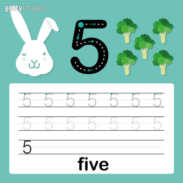 Number five, card for kids learning to count and to write, worksheet ...