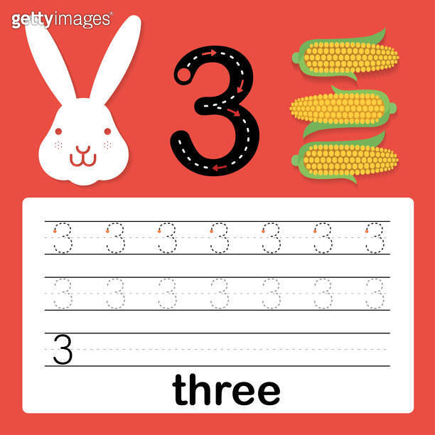Number three, card for kids learning to count and to write, worksheet ...
