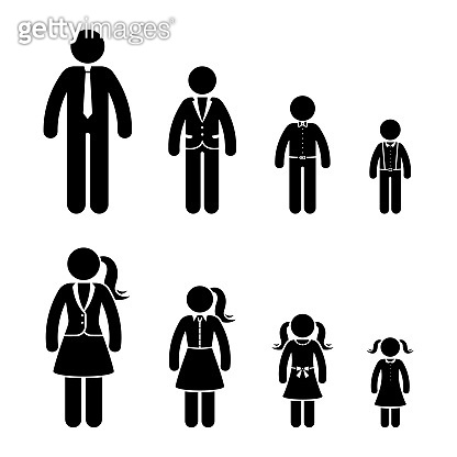 Stick figure growing person icon set. Man and woman in different age ...