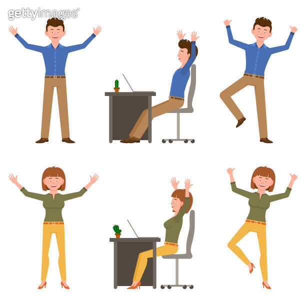 Happy, smiling, jumping young office man and woman vector illustration ...