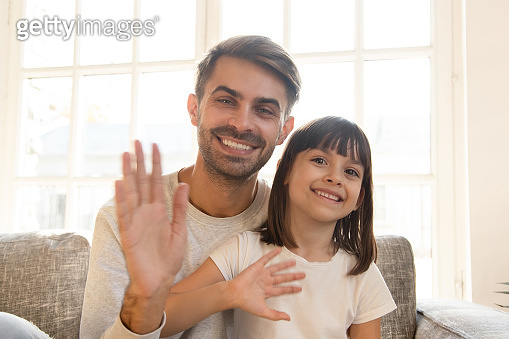 Happy child girl and father wave hands record vlog 이미지 (1130696782 ...