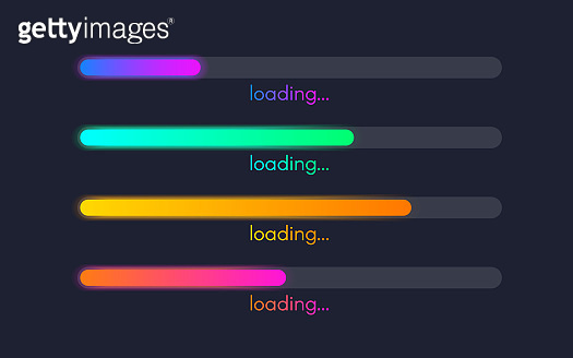 Loading bar set. Color gradient lines on dark backdrop. Progress ...