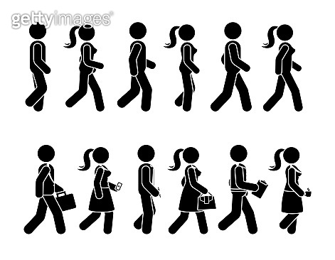 Stick figure walking man and woman vector icon set. Group of people ...