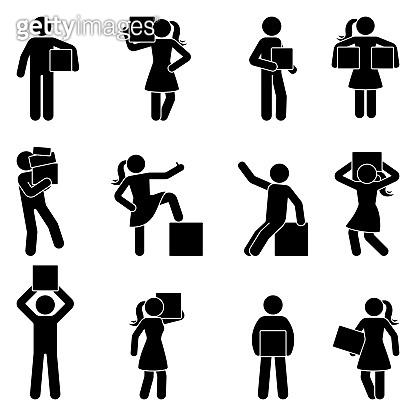 Stick figure carrying box vector icon pictogram. Man and woman holding ...