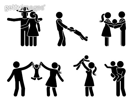 Stick figure happy family activity icon set. Father and mother with ...