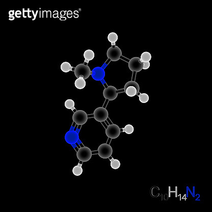 Nicotine model molecule. Isolated on black background. 3D rendering ...