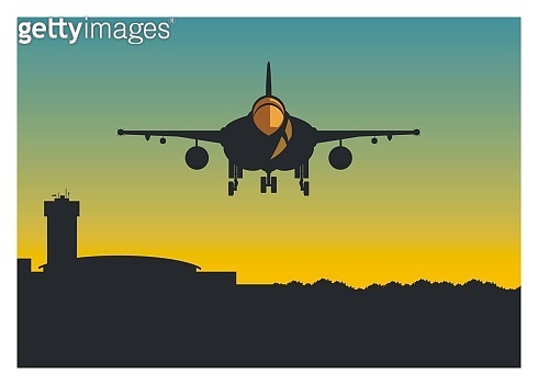single tail fighter jet plane flying over the airport (1138959585) 일러스트 ...