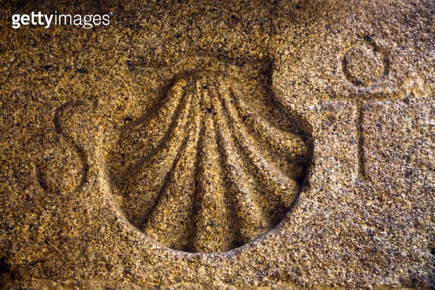 Scallop shell carved in stone in Santiago de Compostela, Galicia, Spain ...