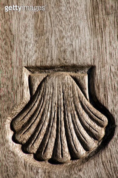 Scallop shell carved in wood seen in the camino de Santiago, Galicia ...