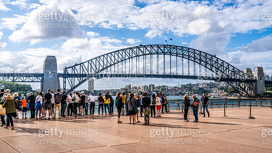 Crowd of tourists people in front of the Sydney Harbour Bridge in NSW ...