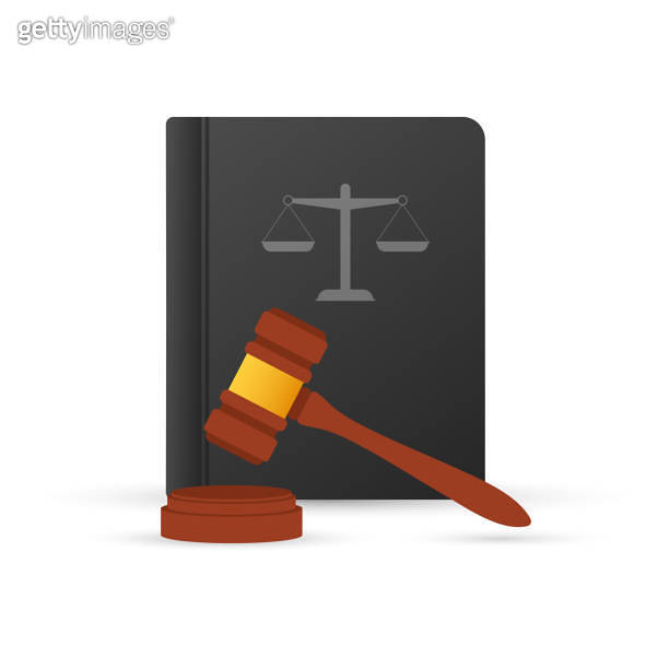 Justice scales and wood judge gavel. Wooden hammer with law code books ...