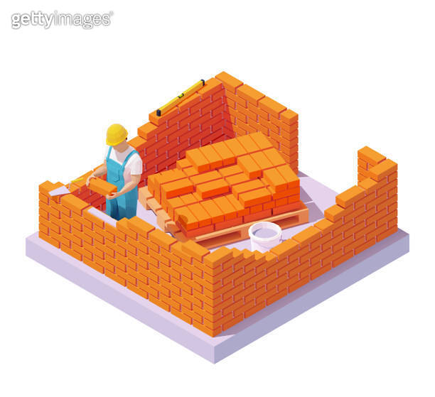 Vector isometric bricklayer building brick wall (1177233258) 일러스트, 무료 ...