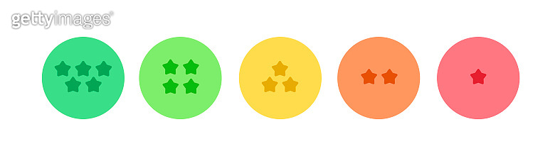 Vector feedback survey flat icon set. Five color star symbol in circle ...