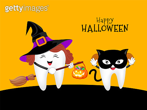 Family cute cartoon tooth character as witch and black cat. (1178678388 ...